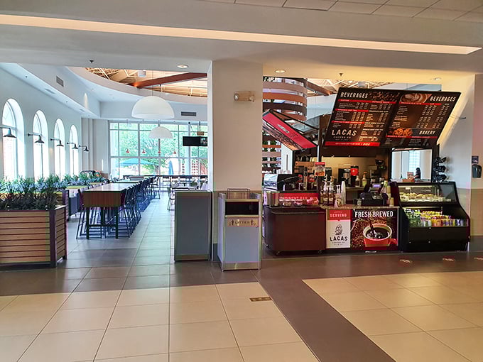 Bright, airy café spaces invite shoppers to rest weary feet and contemplate whether they really need that fifth pair of shoes. (Spoiler: they do.)