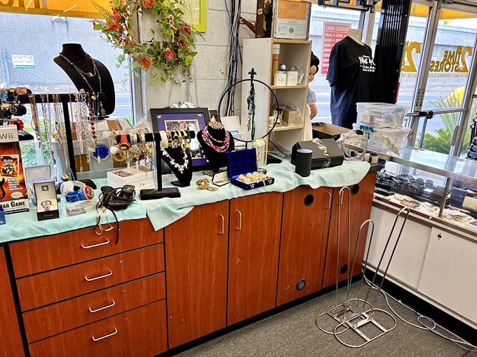 Jewelry displayed on mid-century cabinets, because even accessories deserve to be showcased with a little vintage flair and dignity.