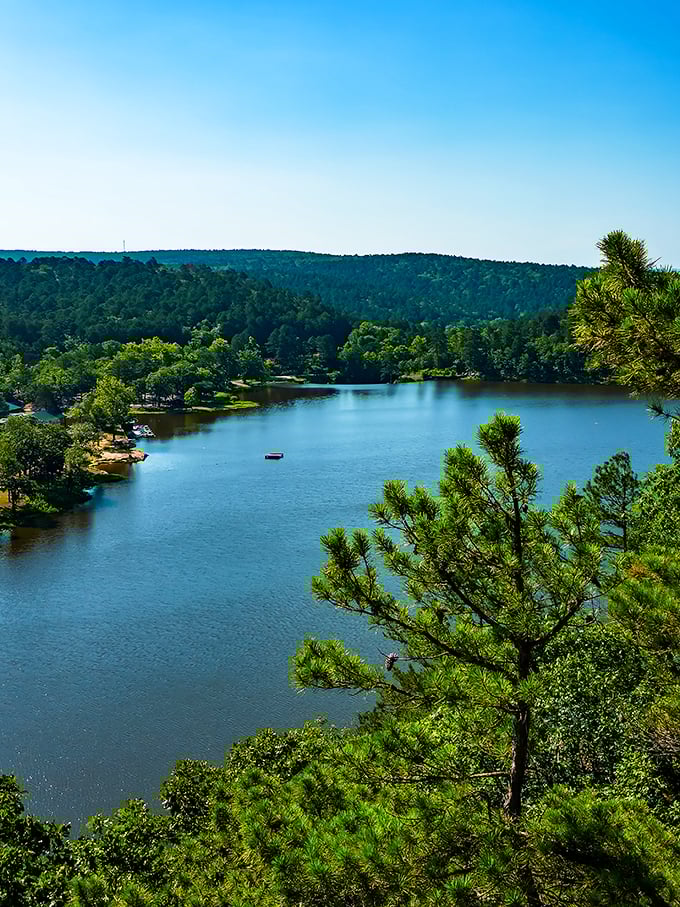 The view from above Lake Carlton—where Oklahoma's "mountains" remind you that beauty doesn't always require extreme elevation.