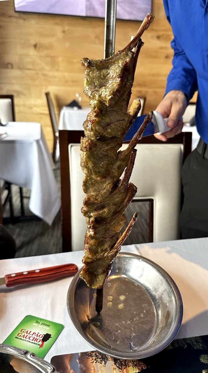 Behold the skewer of dreams! This isn't just meat on a stick—it's a vertical parade of perfectly seasoned protein waiting for your approval.