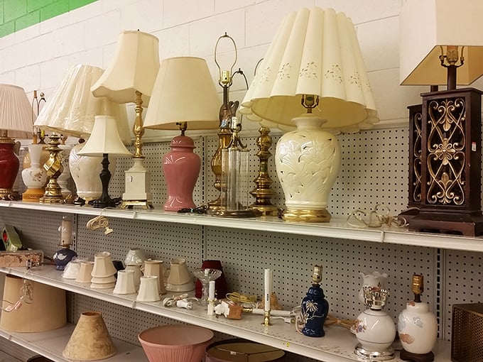 The lamp section glows with potential—vintage bases and pristine shades waiting to illuminate your living room without lightening your wallet.