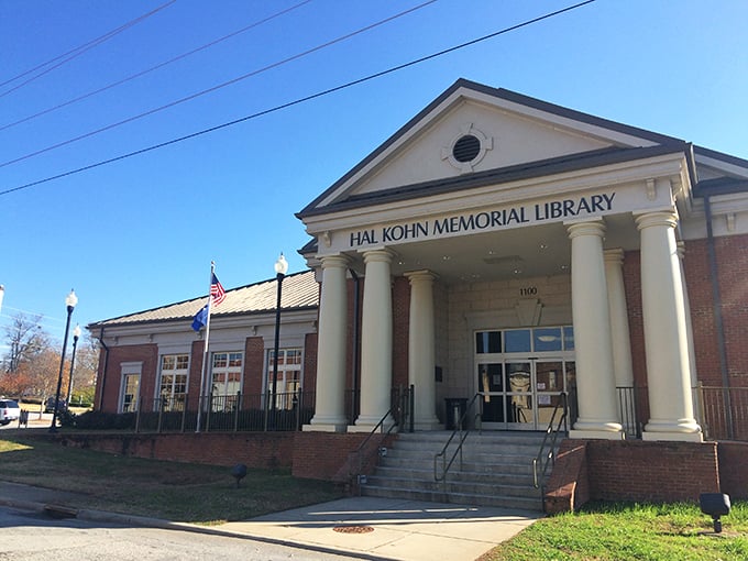 The library's classical columns suggest that even knowledge deserves a grand entrance in this peaceful town.