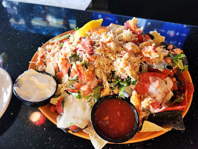 Behold the legendary lobster nachos—where tortilla chips have found their true purpose in life as vehicles for cheese and seafood.
