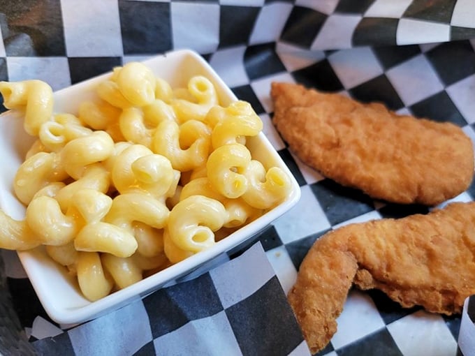 Mac and cheese that achieves that perfect balance between creamy and structured – each spiral holding just the right amount of cheese sauce.