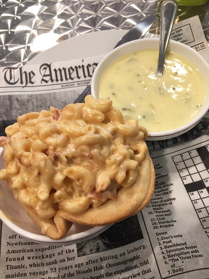 Mac and cheese served in a pie crust with soup on the side—carbs comforting carbs in beautiful harmony.
