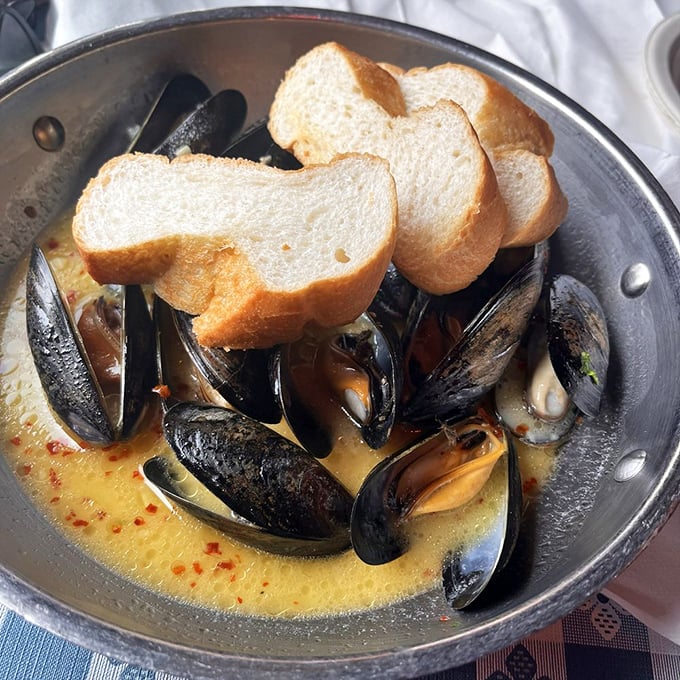 Mussels swimming in garlic butter with crusty bread for dipping—this is how coastal living is supposed to taste.