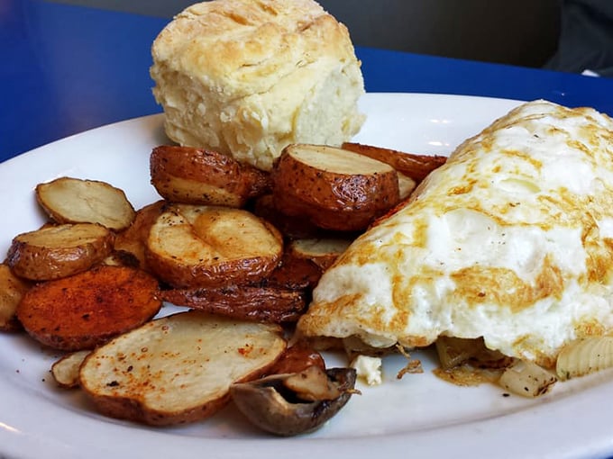Breakfast perfection doesn't exi— Oh wait, here it is. Golden eggs, seasoned potatoes, and a biscuit that would make your grandmother secretly take notes.