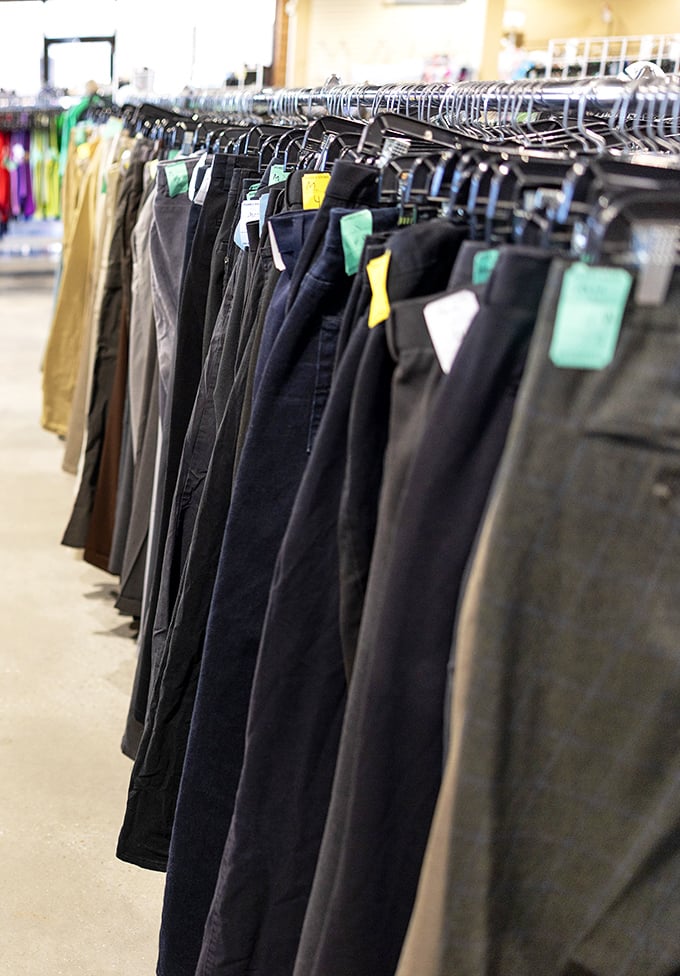 The pants parade! Every pair tells a different story – some barely worn, others well-loved, all waiting for their next chapter.