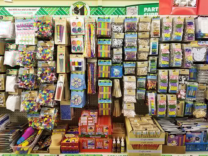 Craft paradise! A rainbow explosion of beads, pom-poms, and creative supplies that would make Martha Stewart do a double-take.