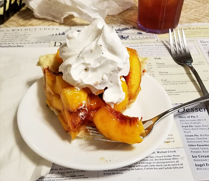Peach pie that makes time stand still – juicy fruit nestled in flaky crust with a cloud of whipped cream that doesn't so much melt as surrender to the warm filling.
