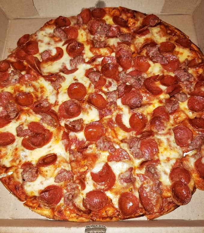 A pepperoni pizza so loaded it makes you wonder if there was a pepperoni sale or they just really, really like you.