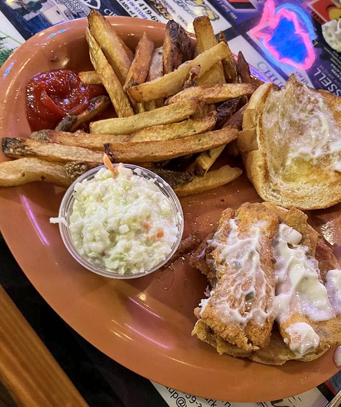 This perch sandwich doesn't need fancy garnishes to show off—just a squirt of ketchup, crispy fries, and the knowledge that lake-to-plate perfection exists.