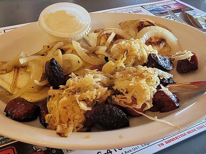 A plate that doesn't mess around—hearty sausage, sauerkraut, and potatoes that fuel Florida locals and make snowbirds extend their stay.