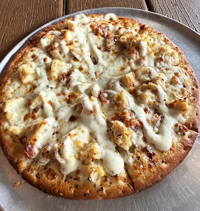 This isn't just pizza; it's a cheese-laden canvas where simplicity becomes art. The golden-brown crust is just showing off at this point.