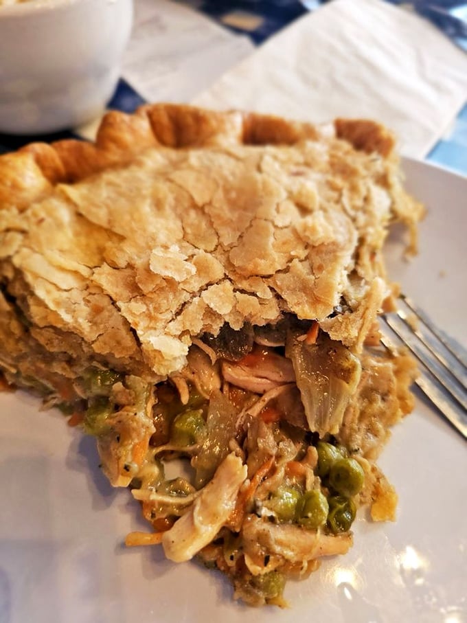 Not just a pot pie—a masterclass in comfort architecture. The golden crust barely containing a steamy medley of chicken and vegetables within.