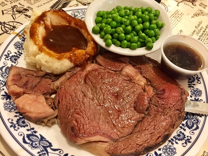 Prime rib so tender and perfectly pink, it makes you wonder if the chef has some sort of meat whispering superpower. Those mashed potatoes aren't slouching either.