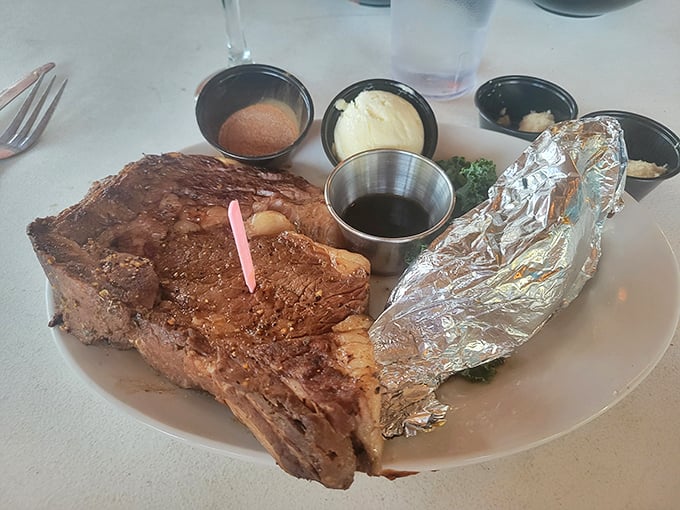 The prime rib arrives like royalty with its court of condiments—a beef experience so tender you'll wonder if your knife is even necessary.