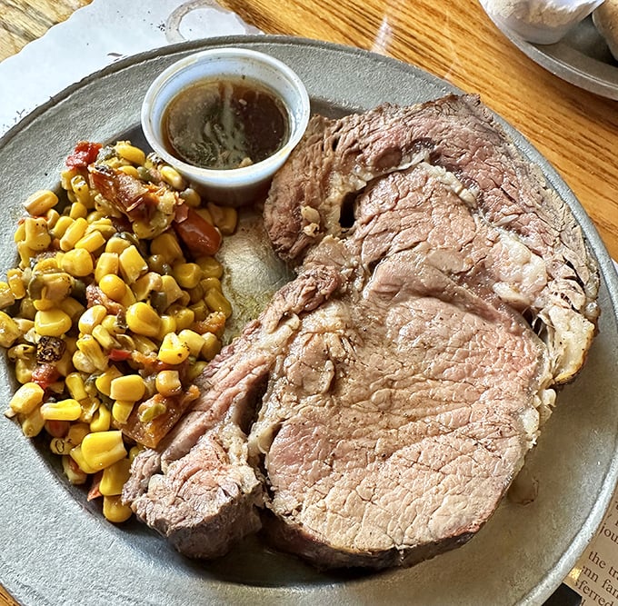 Prime rib that doesn't just speak to carnivores—it serenades them with a tender, juicy melody accompanied by a symphony of savory corn.