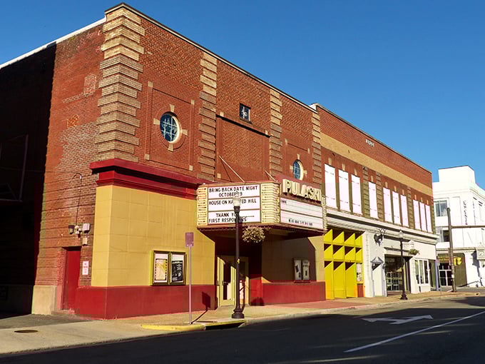 The Pulaski Theater's marquee glows with small-town pride, offering entertainment without the big-city ticket prices or parking nightmares.