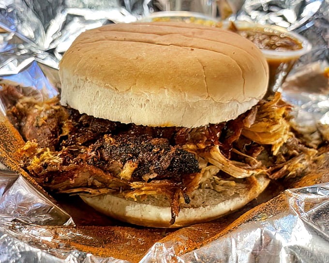 The pulled pork sandwich – simple, unpretentious, and absolutely perfect. Bread's only purpose here is as a delivery system for smoky meat.