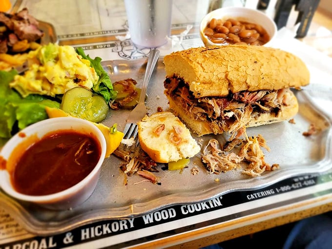 The pulled pork sandwich – where shredded smoky goodness finds its soulmate in a soft bun. That pickle chip is the perfect chaperone.