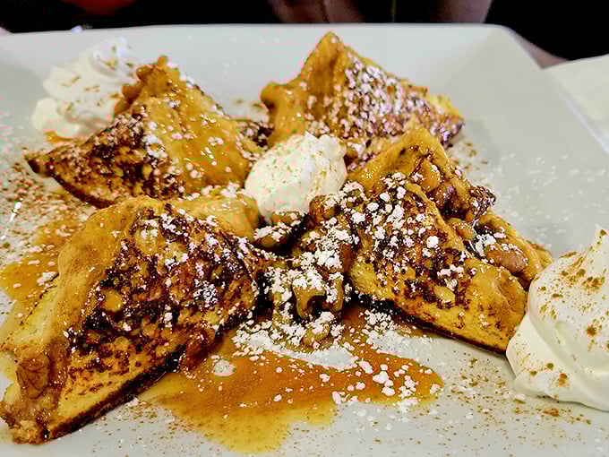 French toast that's having an identity crisis as pumpkin pie. Golden-brown perfection dusted with powdered sugar and cinnamon – autumn on a plate.