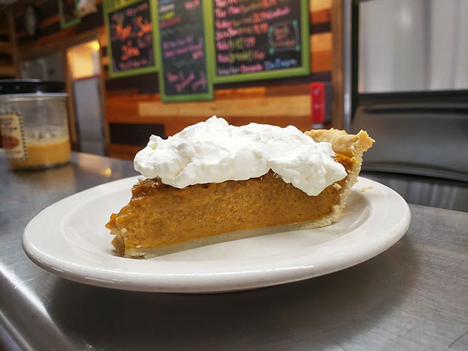 Pumpkin pie crowned with whipped cream—autumn captured in a single slice that tastes like Thanksgiving decided to show up early.