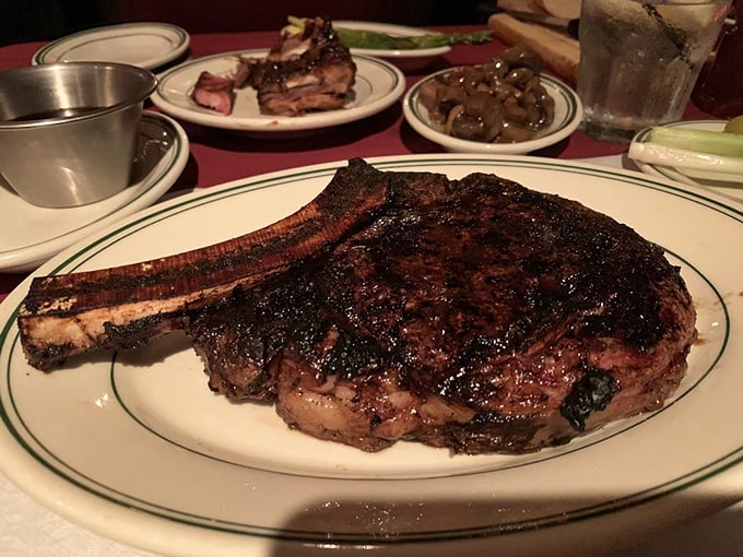The ribeye arrives like a magnificent meat meteor that crashed onto your plate. That bone isn't garnish—it's a handle for your meat lollipop.