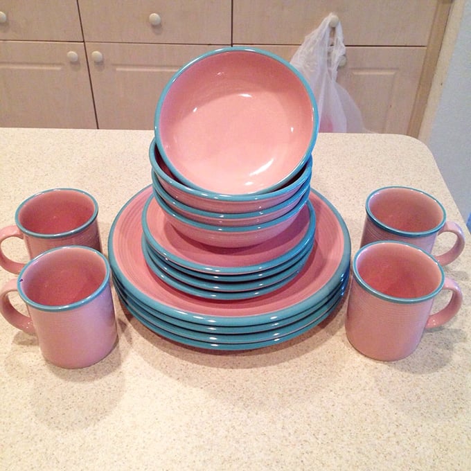 These pink and turquoise dishes aren't just tableware—they're the start of your next dinner party conversation. "Yes, vintage finds. No, not from my grandmother's attic."