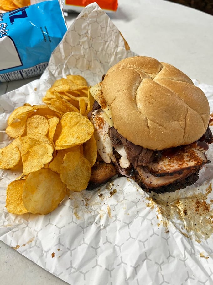 What this sandwich lacks in vertical height, it makes up for in horizontal happiness. The chips aren't a side—they're moral support.