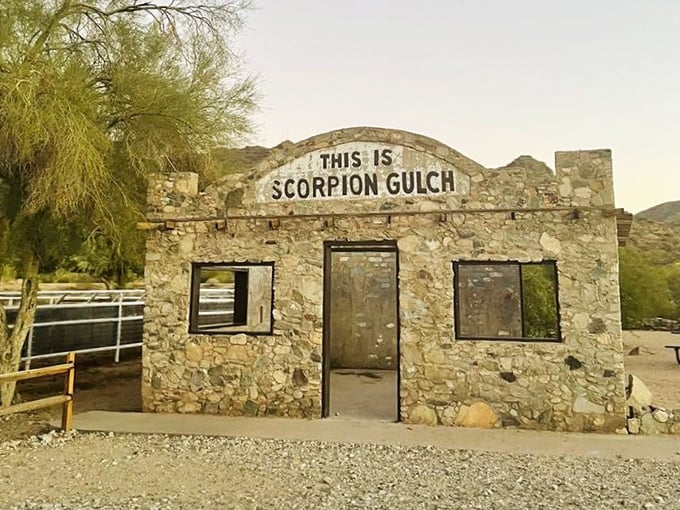 "This is Scorpion Gulch" – the desert's version of a roadside attraction that looks like it could have been an extra in a John Wayne film.