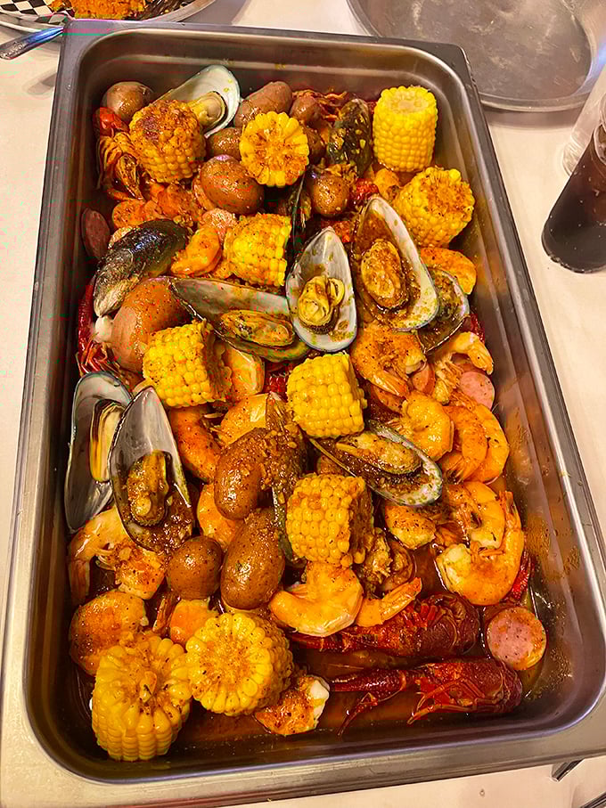A glorious seafood medley where corn, potatoes, and sausage play supporting roles to the real stars—shrimp, mussels, and crawfish.