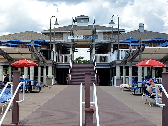 The Sea Dog Galley stands ready for hungry adventurers—because conquering waterslides works up an appetite worthy of a buccaneer.