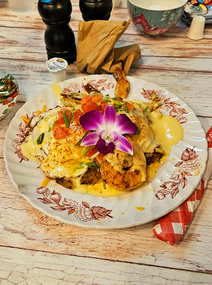Breakfast reimagined as art. This seafood creation doesn't just break the fast—it shatters conventional morning meal expectations with coastal flair.