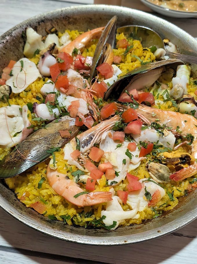 Paella piled high with mussels, shrimp, and calamari proves that Spain and Mexico make excellent culinary co-conspirators together.