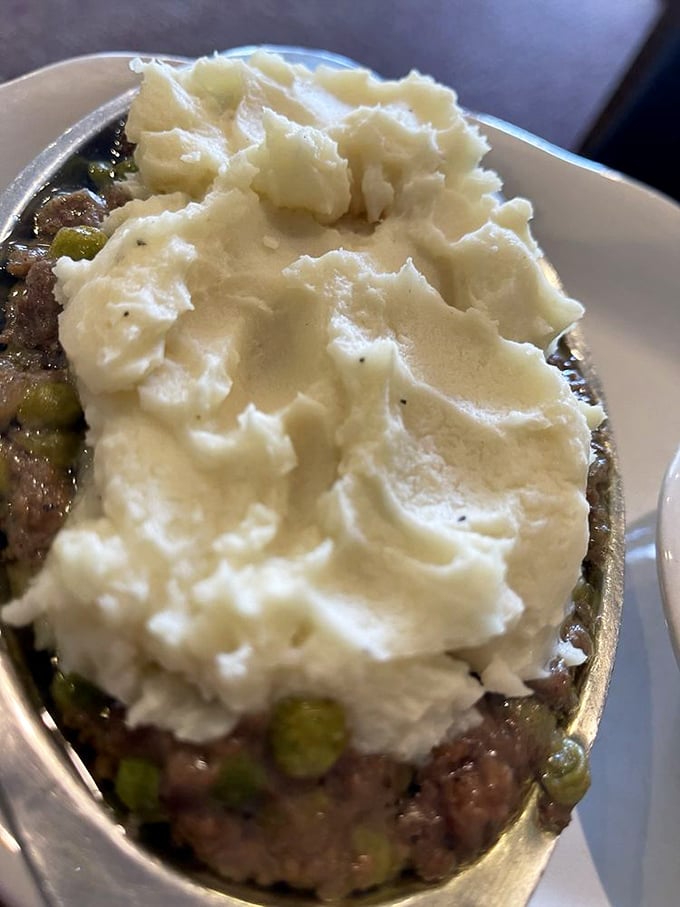 Comfort in a bowl – shepherd's pie topped with cloud-like mashed potatoes that your grandmother would approve of, even if she claims hers is better.