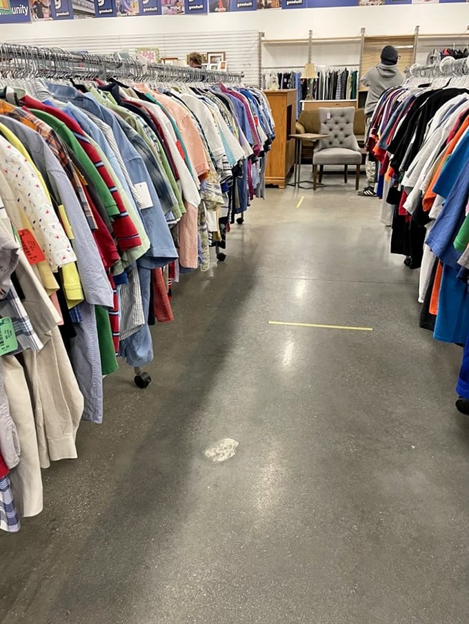 A rainbow of shirts stretching into the distance like a fabric version of the yellow brick road, minus the flying monkeys.