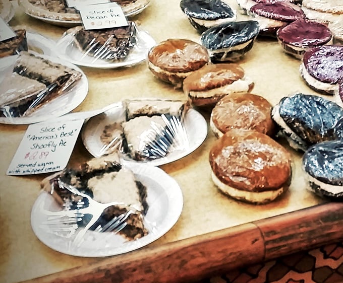 Shoofly pie and other traditional desserts line up like sweet temptations – resistance is futile, and honestly, why would you even try?