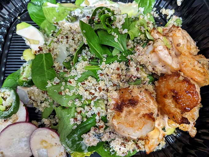 A quinoa bowl that proves seafood restaurants can do more than fry things – though they excel at that too.