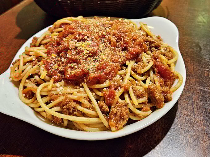 Spaghetti that doesn't need a passport to transport you to Italy—hearty, generous, and topped with enough Parmesan to make a dairy farmer proud.