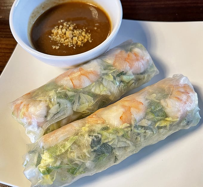 Translucent rice paper wraps reveal their colorful contents like edible stained glass. These fresh spring rolls are nature's perfect appetizer—light yet completely satisfying.