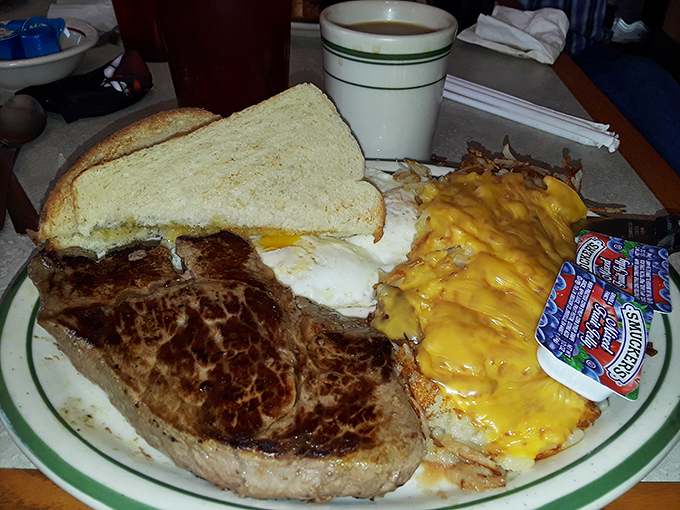 When steak and eggs share a plate at Harvey's, it's not just breakfast—it's a declaration that today is going to be a very good day indeed.