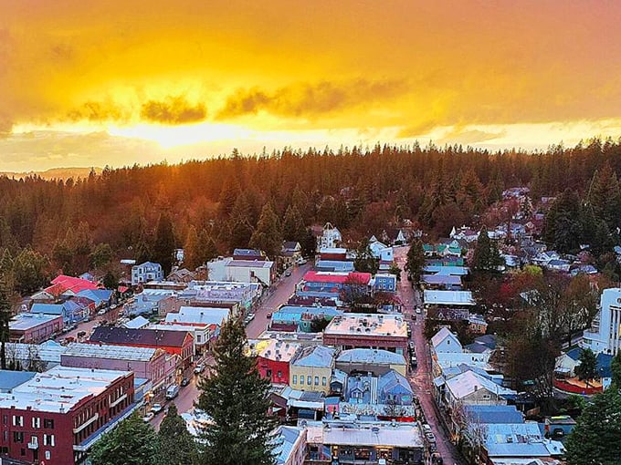 Golden hour transforms Nevada City into a painter's dream, where rooftops catch fire with sunset colors against a backdrop of evergreen sentinels.