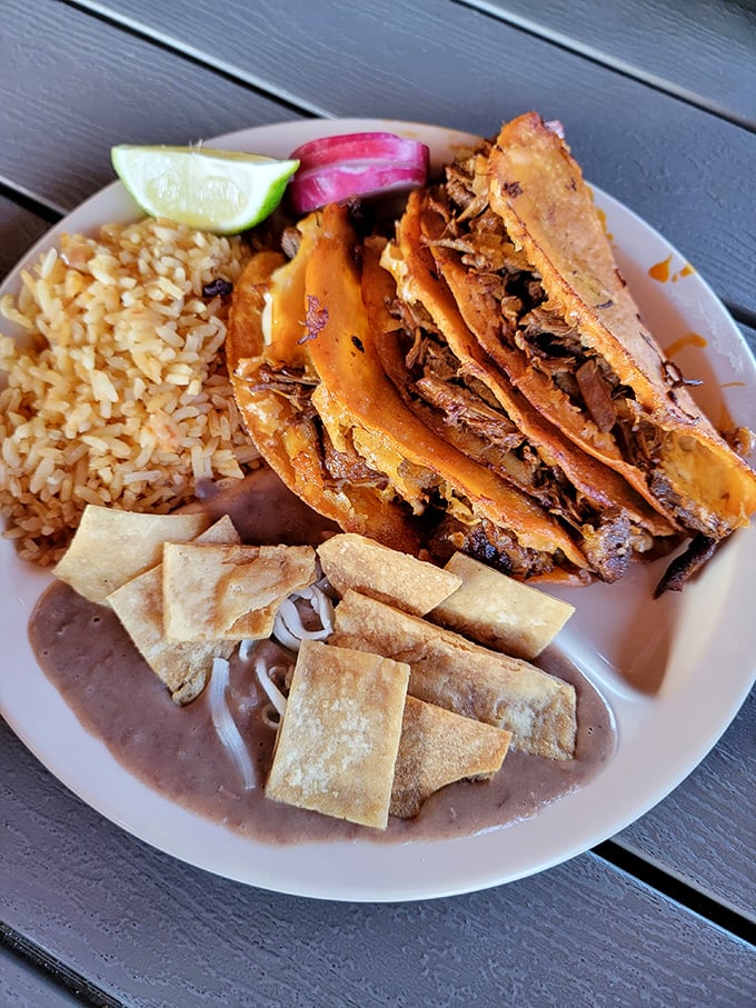 These tacos de carne don't need fancy garnishes to impress—just perfectly seasoned meat, handmade tortillas, and the holy trinity of rice, beans, and lime.