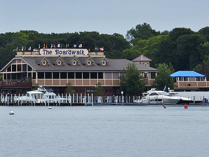 The Boardwalk restaurant, visible from Oak Point's shore, tempts with fresh catches. Like a siren call for the seafood-obsessed among us.