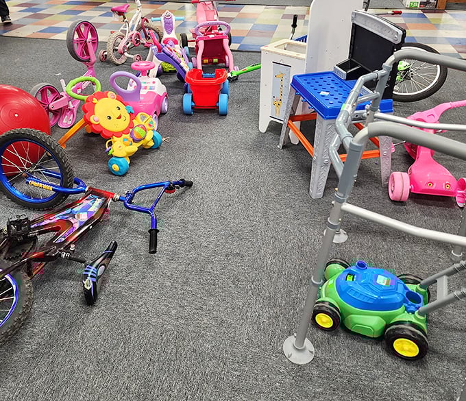 Childhood on wheels! This toy section is where plastic dreams get their second chance, from barely-used bicycles to smiling push toys.