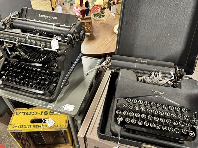 Underwood, Corona, Standard—the mechanical ancestors of your laptop, when writing was a full-body workout with musical accompaniment.