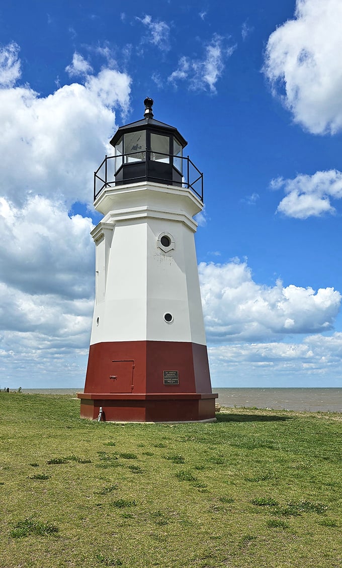 The lighthouse stands sentinel over Lake Erie, half nautical necessity, half perfect photo op. Maritime history in crisp white and red.
