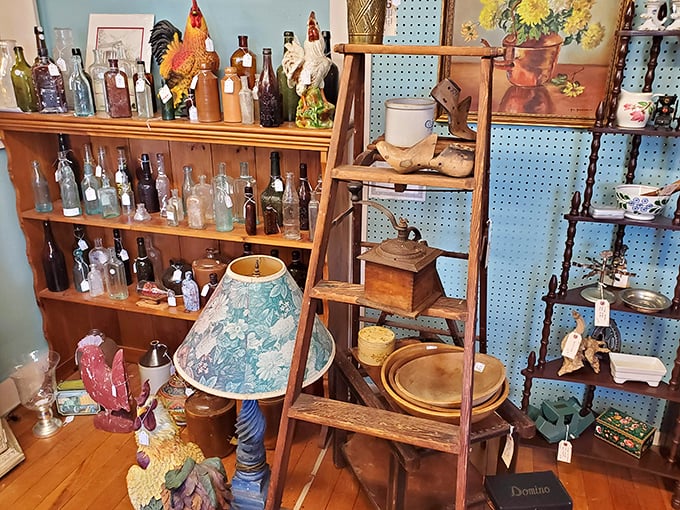 A collector's paradise of vintage bottles and farmhouse finds—that wooden ladder is just begging to display blankets in someone's Pinterest-worthy living room. 
