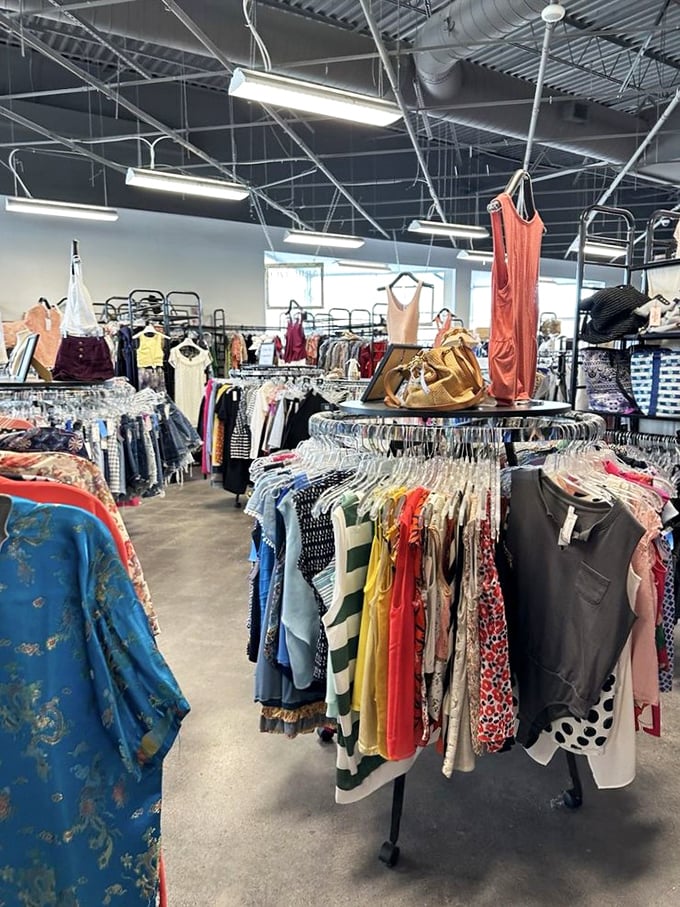Circular racks spinning with fashion finds – it's like a carousel for grown-ups with good taste.